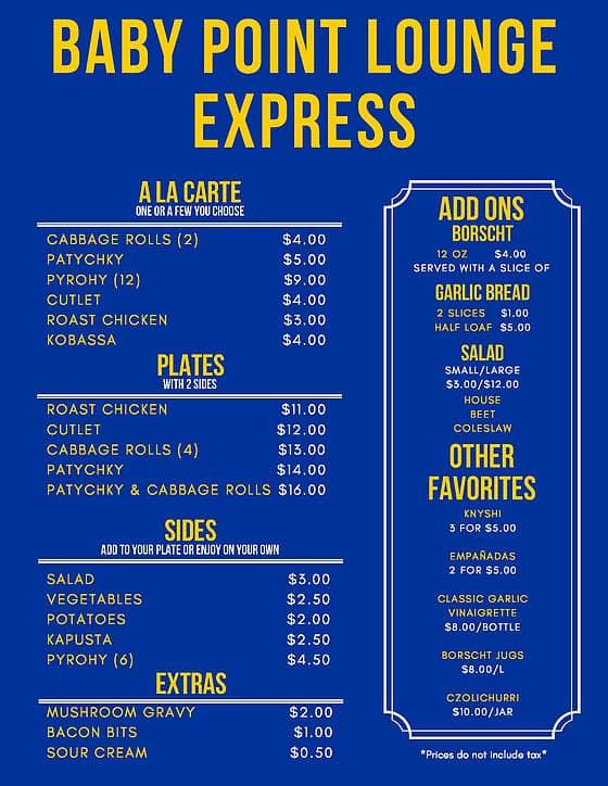 Menu at Baby Point Lounge restaurant, Toronto