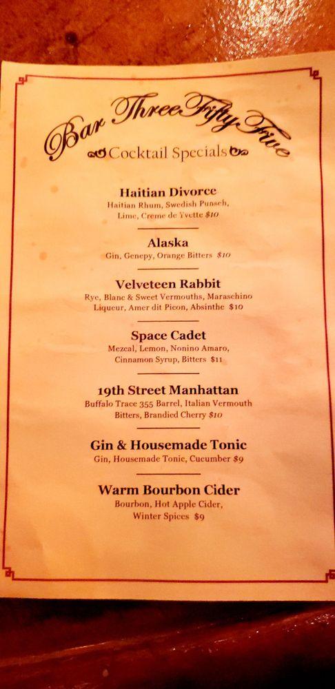 Menu at Bar 355, Oakland