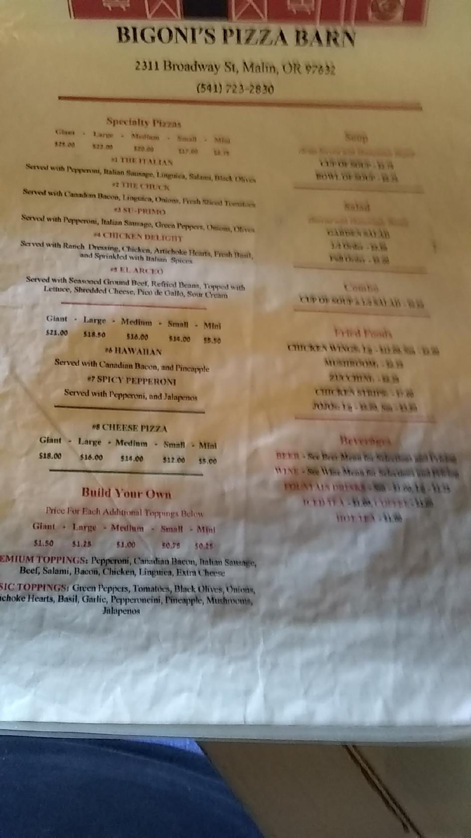 Menu at Bigoni's Pizza Barn, Malin