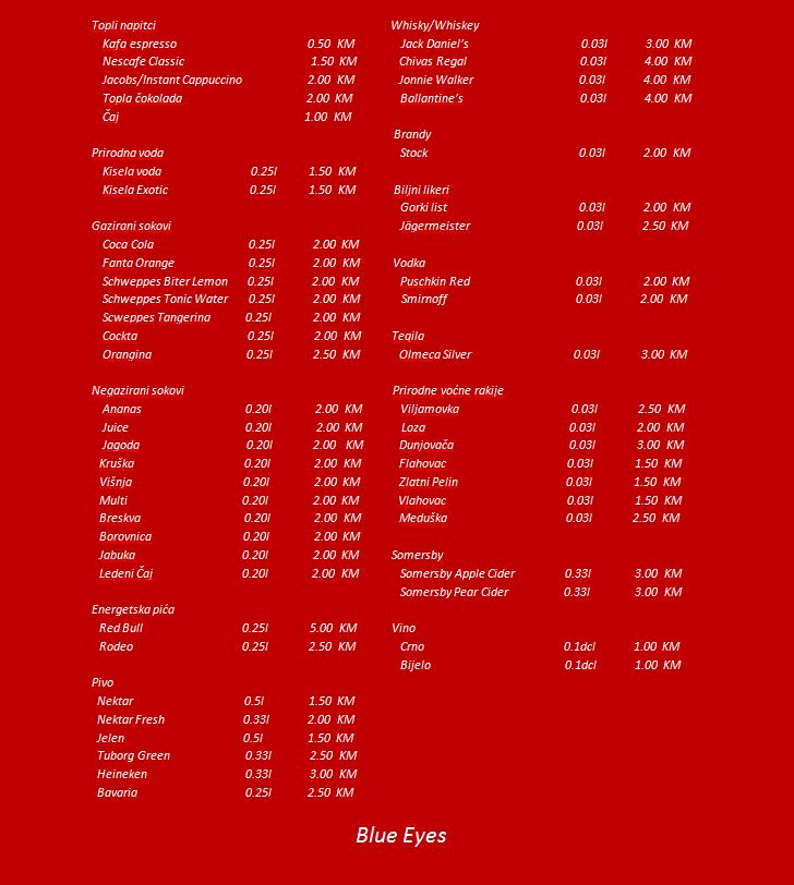 Menu at Caffe bar Blue Eyes, Banja Luka