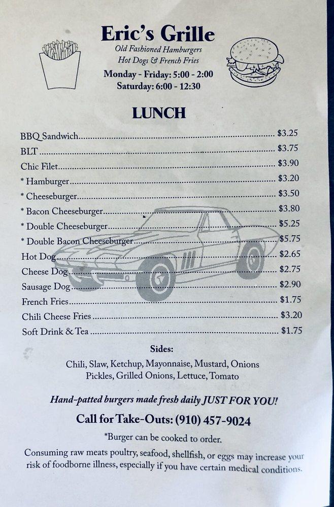 Menu at Eric's Grille restaurant, Southport