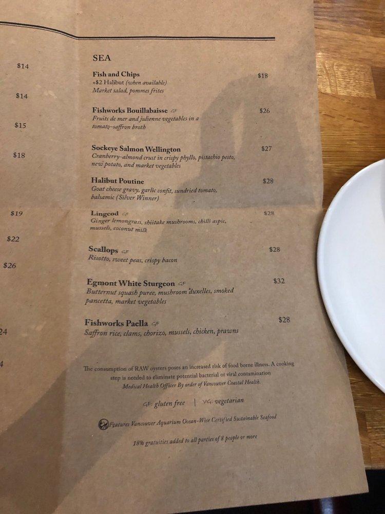 Menu at Fishworks restaurant, North Vancouver