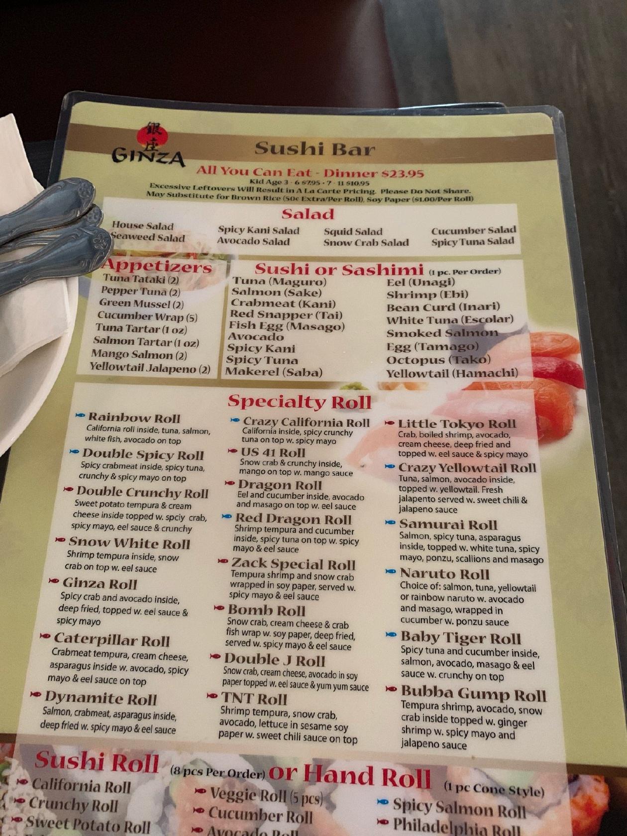 Menu at GinZa Japanese Restaurant, Fort Myers