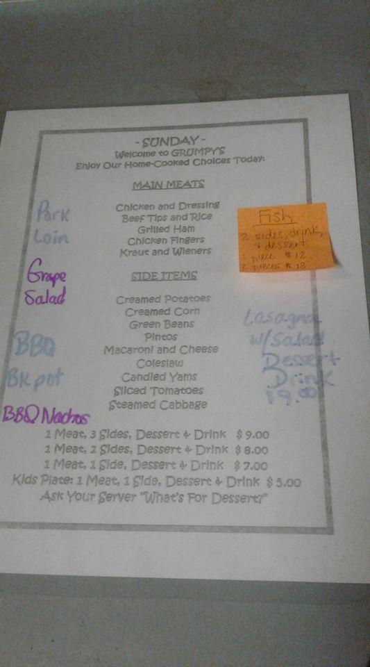 Menu at Grumpy's restaurant, Boaz, 425 S McCleskey St #544
