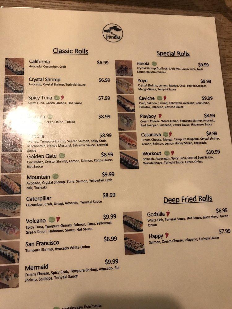 Menu at Hinoki Sushi restaurant, Reno
