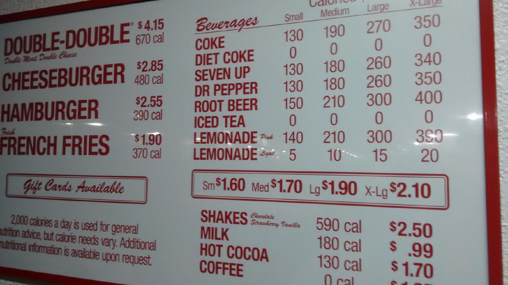 Menu at In-N-Out Burger fast food, Los Angeles, Foothill Blvd