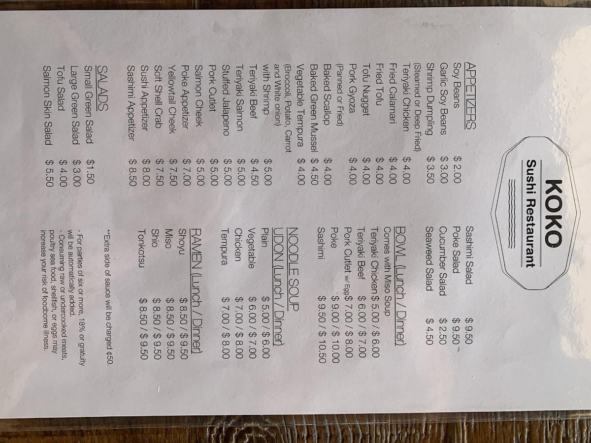 Menu at Koko sushi restaurant, Mission Viejo
