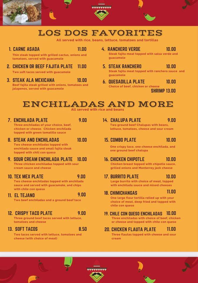 Menu at Los Dos Laredos restaurant, Rogers