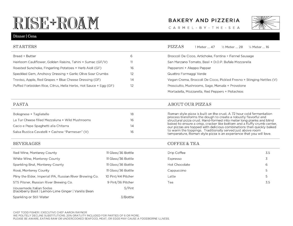 Menu at Rise + Roam Bakery and Pizzeria, Carmel-by-the-Sea