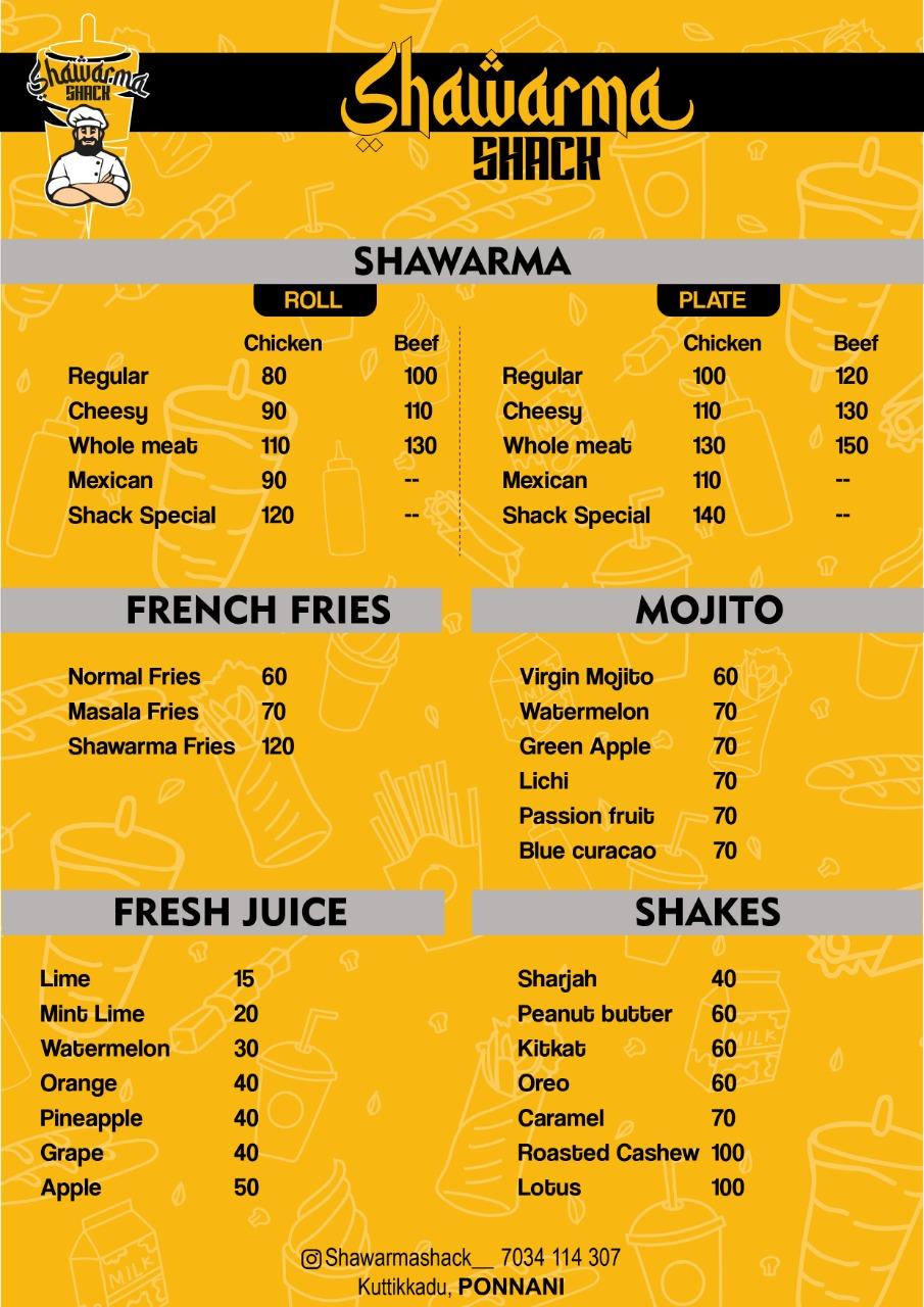 Menu at Shawarma Shack, Ponnani