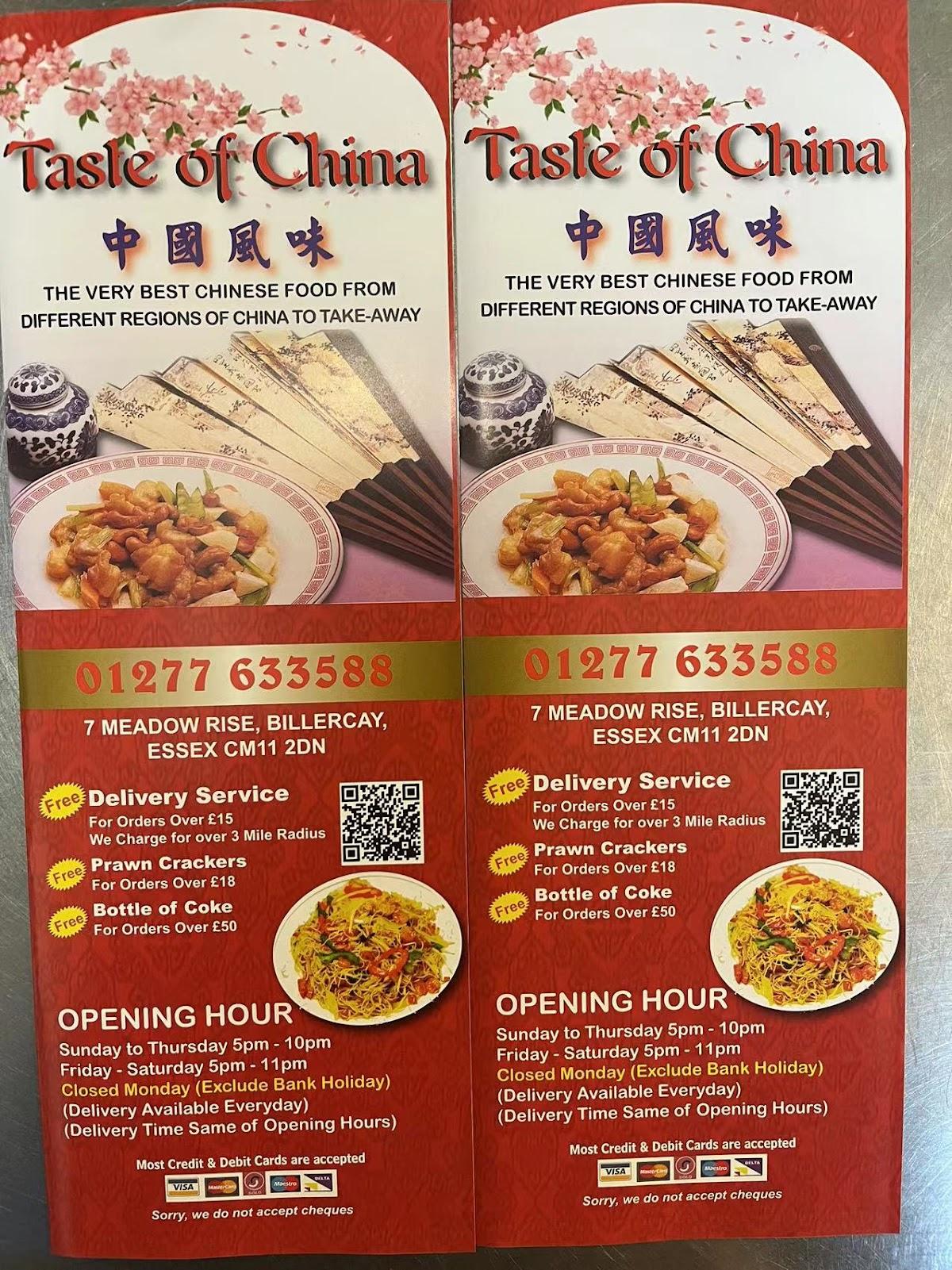 Menu at Taste of China restaurant, Billericay
