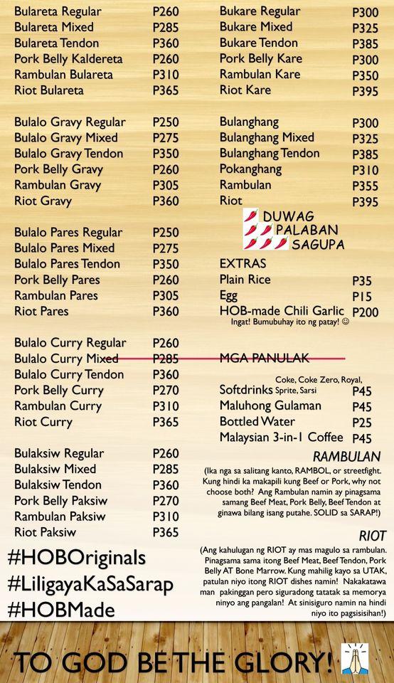 Menu at The House of Bulalugaw (H.O.B.) restaurant, Quezon City, J39C+6HX