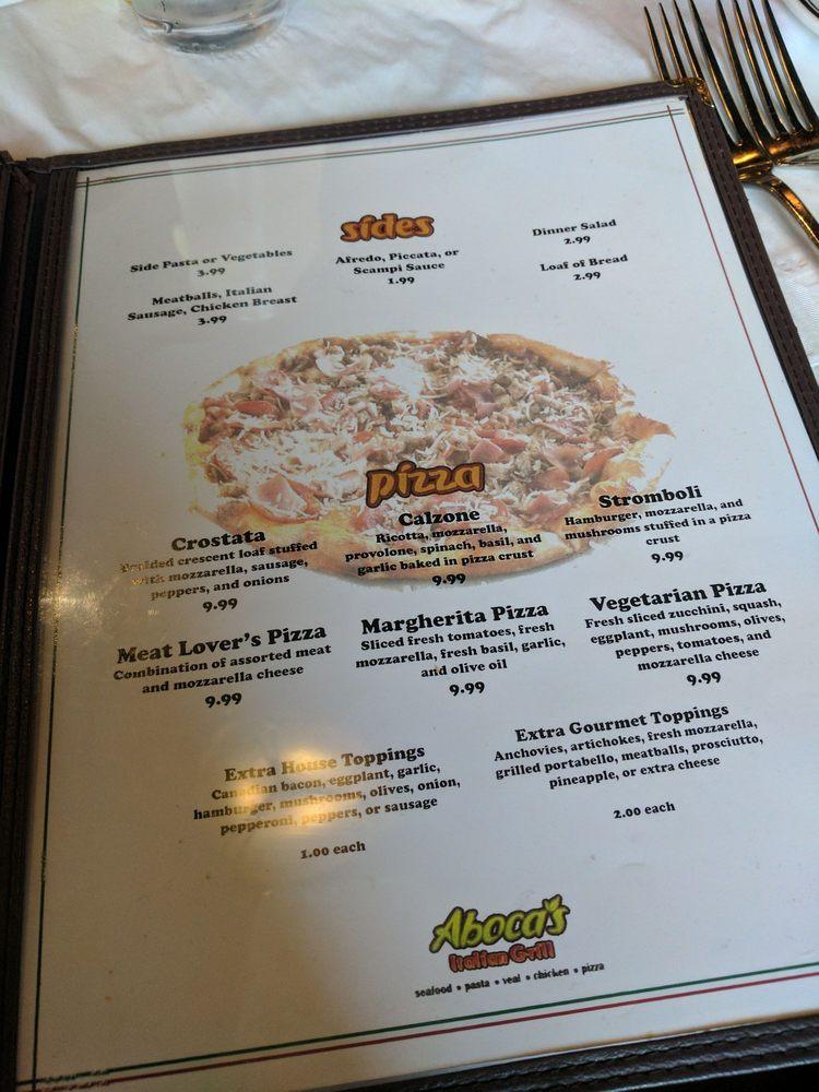 Menu at Aboca's Italian Grill pizzeria, Richardson