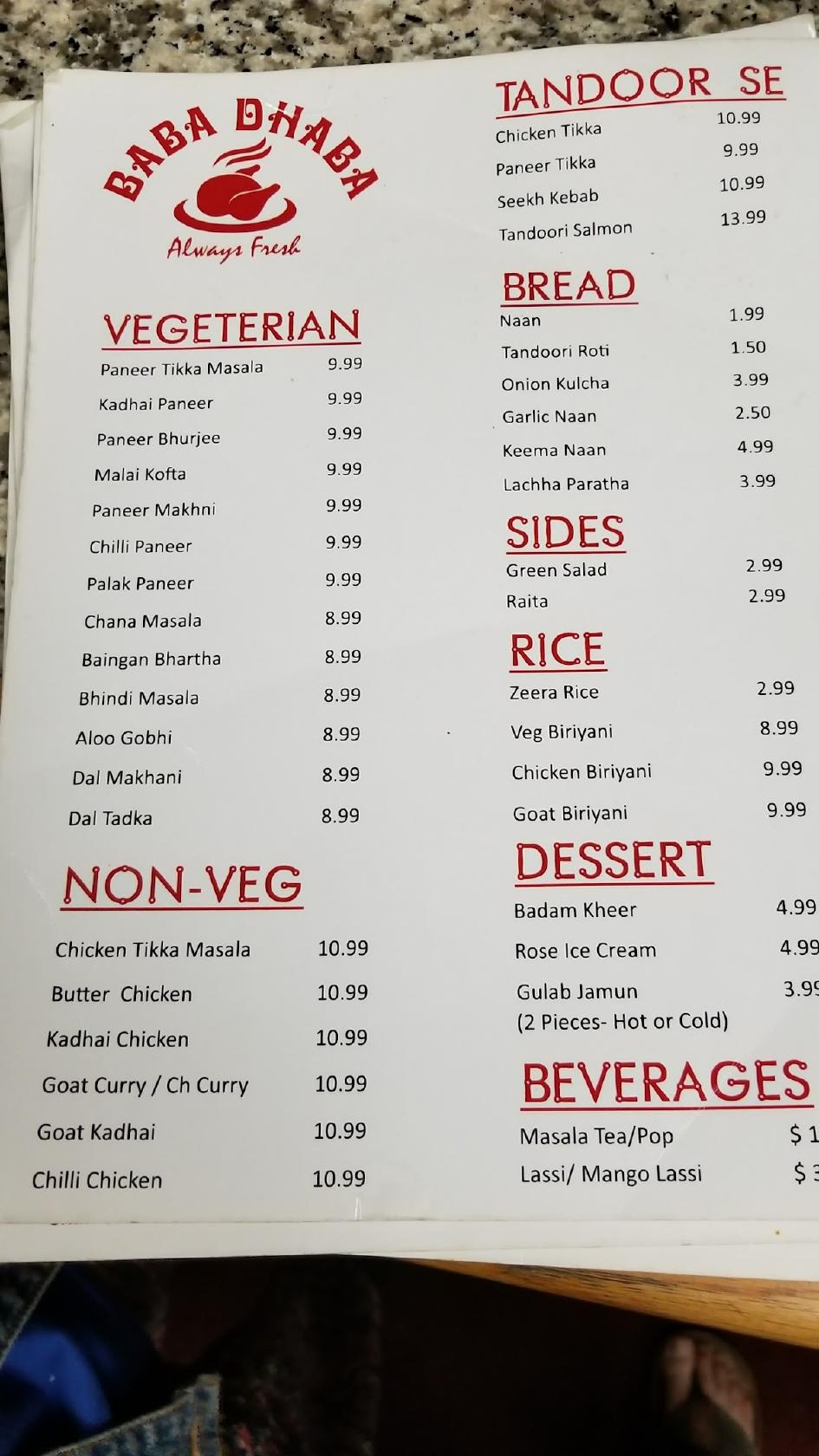 Menu at Baba Dhaba restaurant, Brampton, 255 Rutherford Rd S