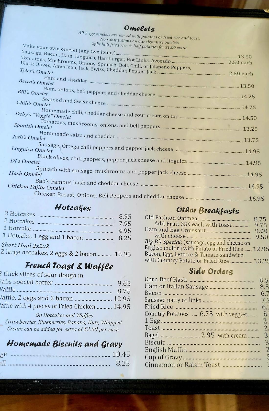 Menu at Bab's Delta Diner restaurant, Suisun City