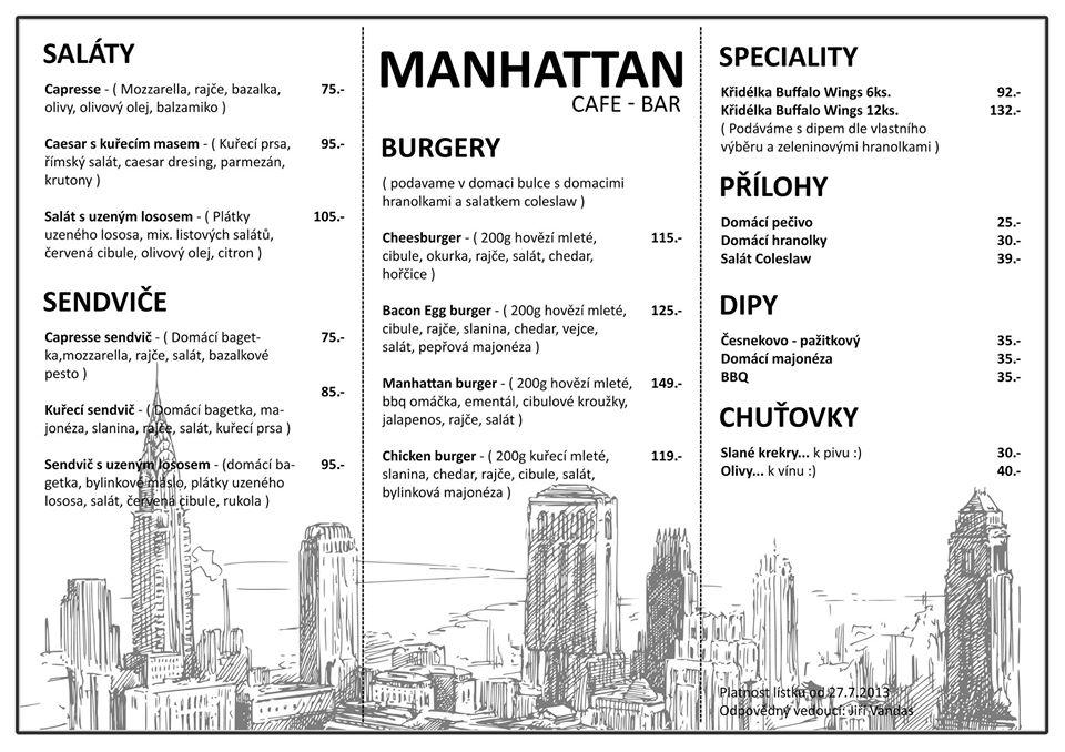 Menu at Cafe bar Manhattan, Teplice