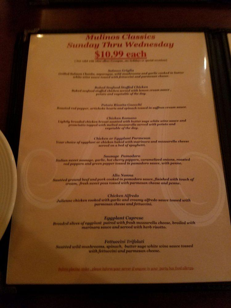 Menu at Mulino’s restaurant, Northampton