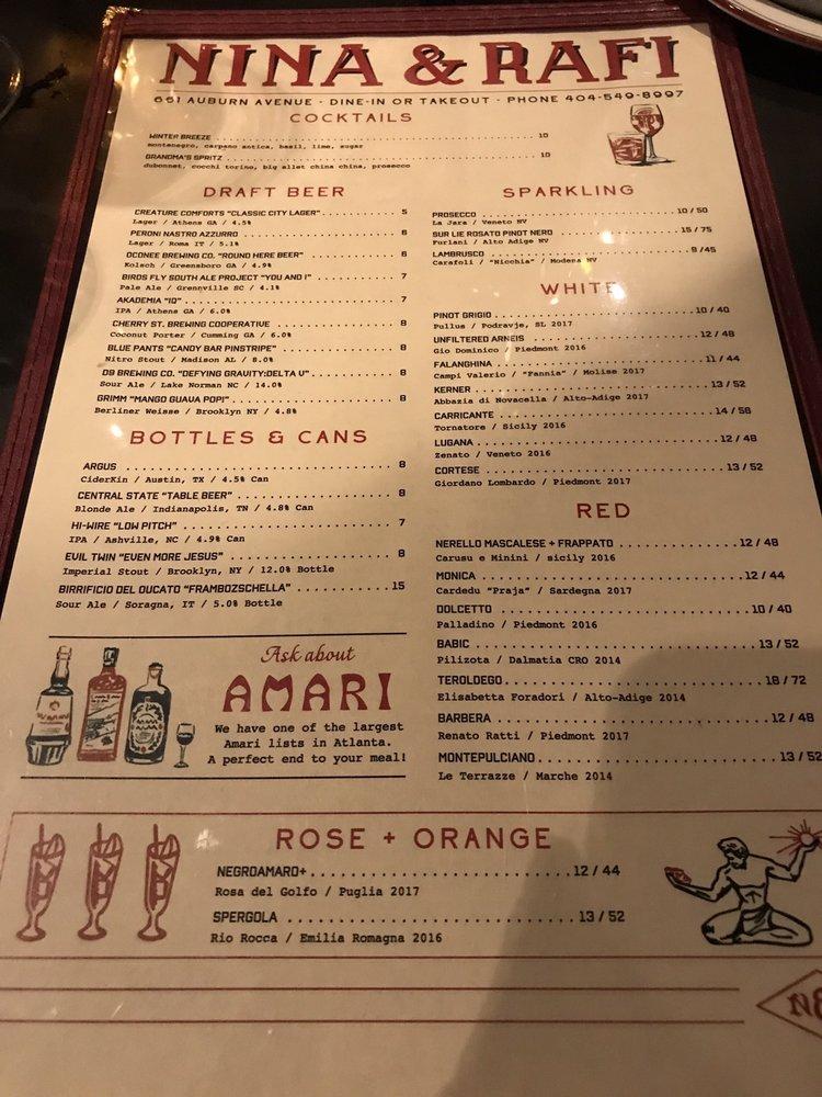 Menu at Nina & Rafi pizzeria, Atlanta