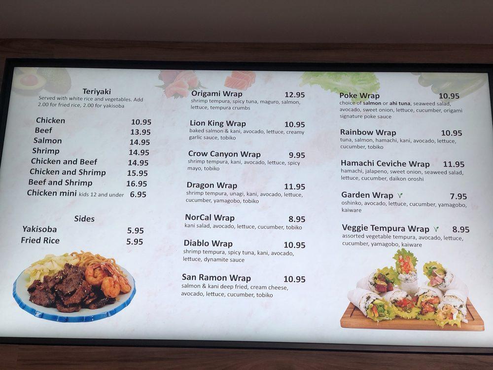 Menu at Origami restaurant, San Ramon