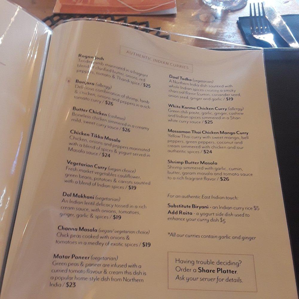 Menu at Thandi restaurant, Saint John