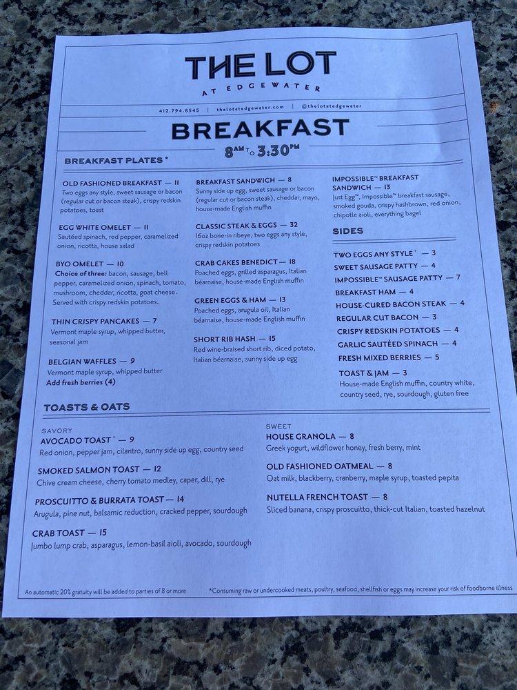 Menu at The Lot at Edgewater restaurant, Oakmont