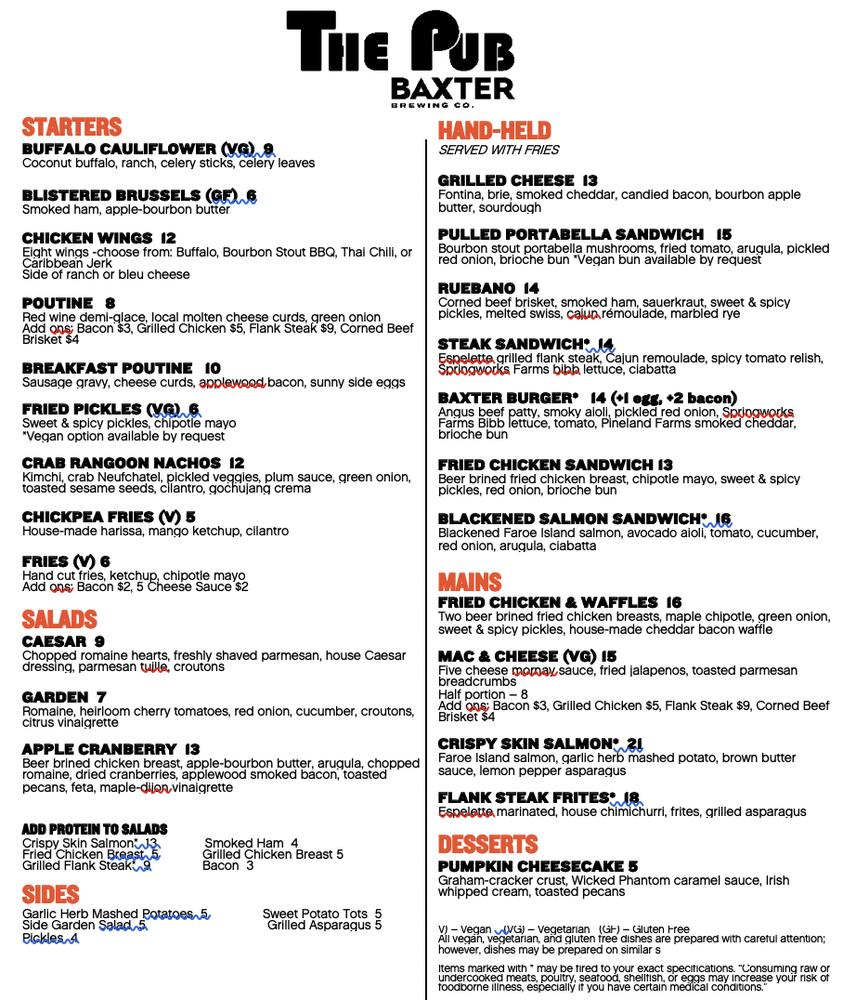 Menu at The Pub at Baxter, Lewiston