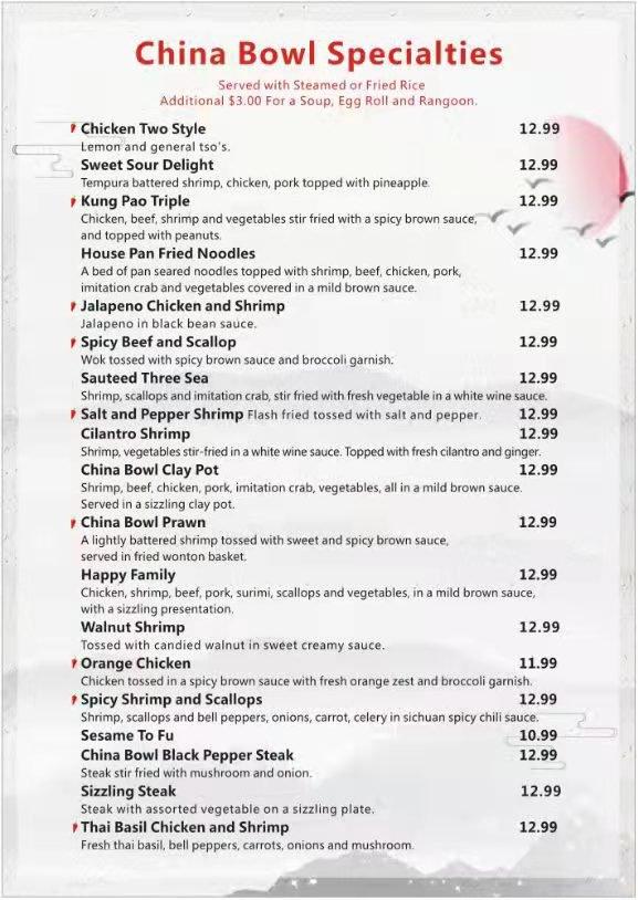 Menu at China Bowl restaurant, Boerne