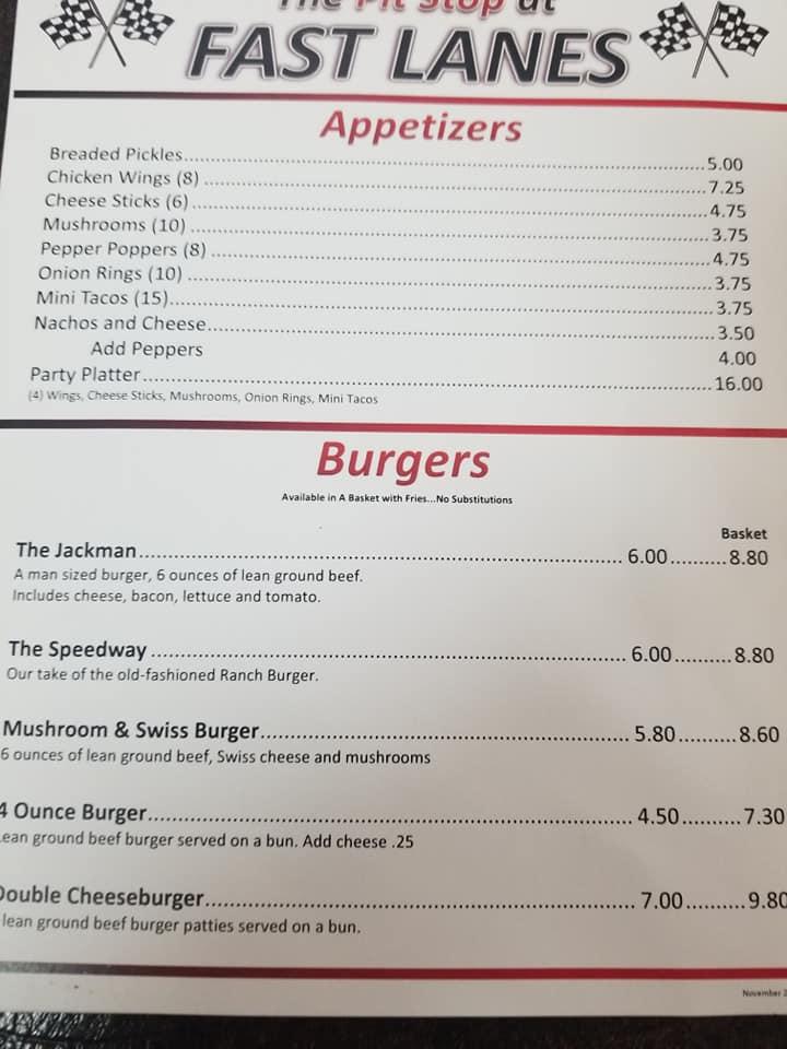 Menu at Fast Lanes & Pit Stop Restaurant, Hoopeston