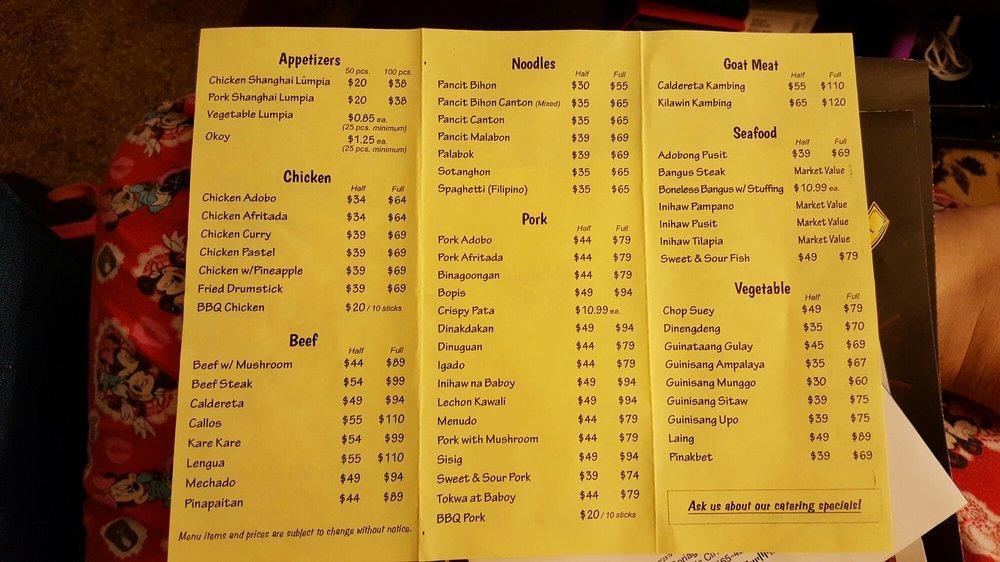 Menu at Mabuhay Oriental Cuisine restaurant, Antioch