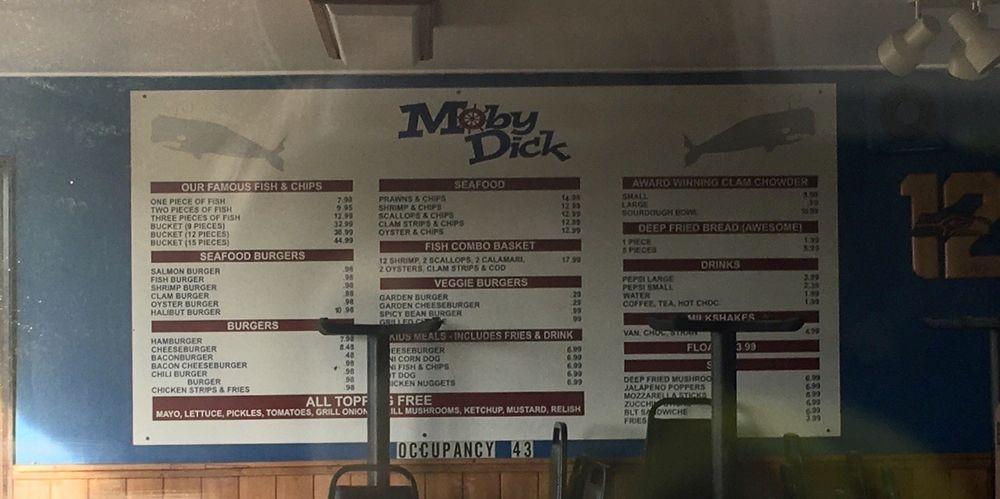 Menu at Moby Dick restaurant, Ocean Shores
