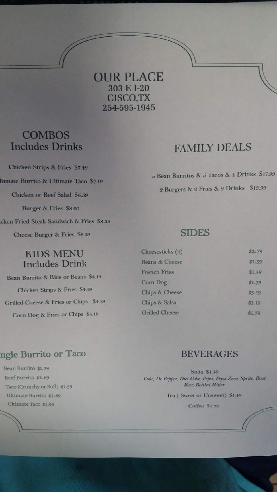 Menu at Our Place restaurant, Cisco