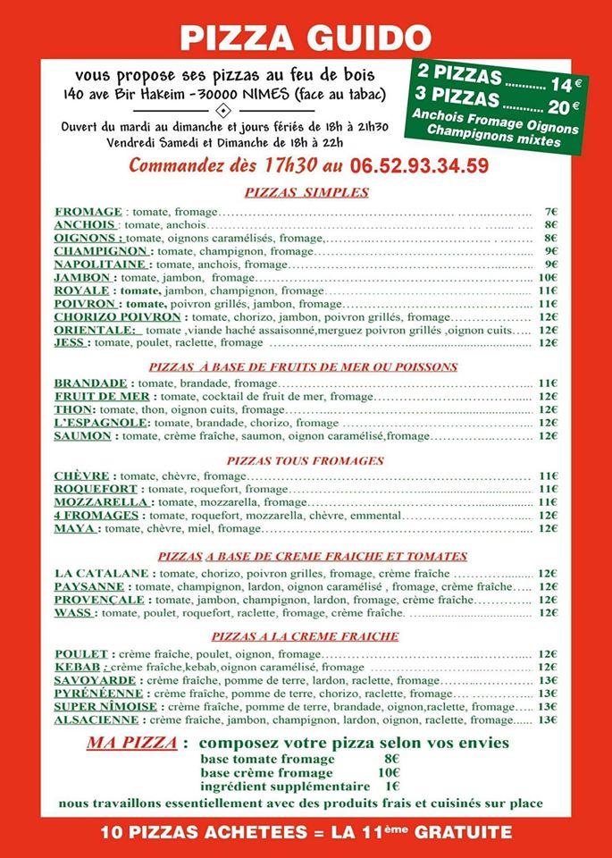 Menu at Pizza au feu de bois GUIDO restaurant, Nimes