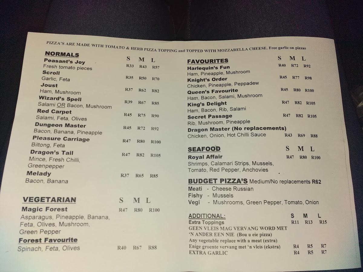 Carta del restaurante Pizza Palace, Velddrif