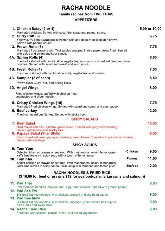 Menu at Racha Noodle restaurant, Redding