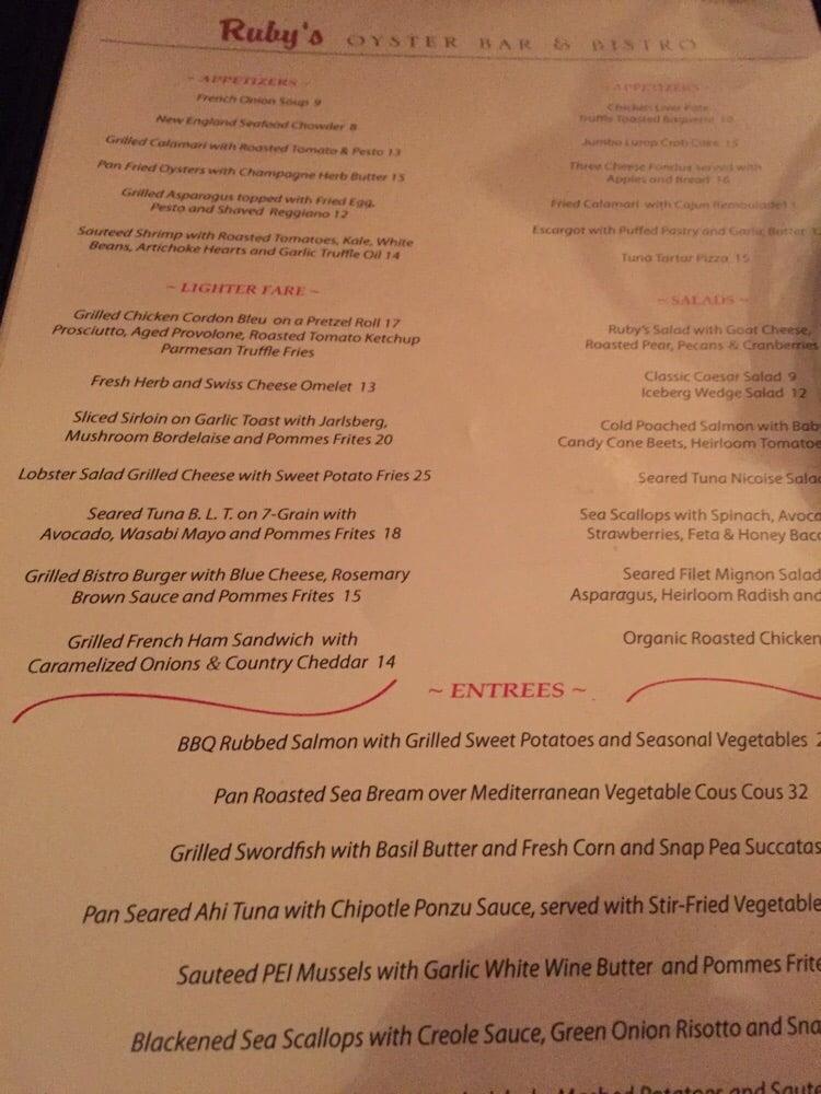 Menu at Ruby's Oyster Bar & Bistro, Rye