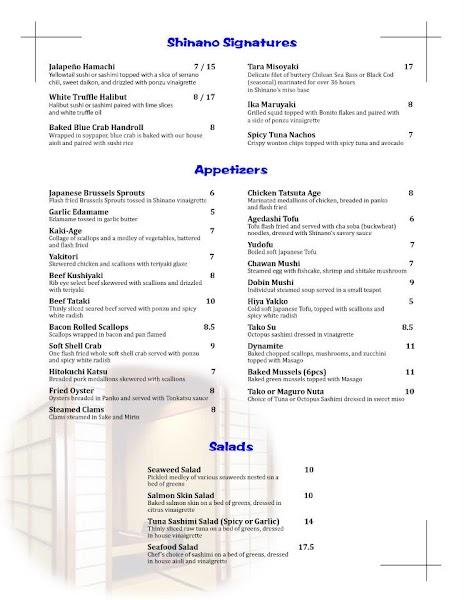 Menu at Shinano Restaurant, Monterey Park