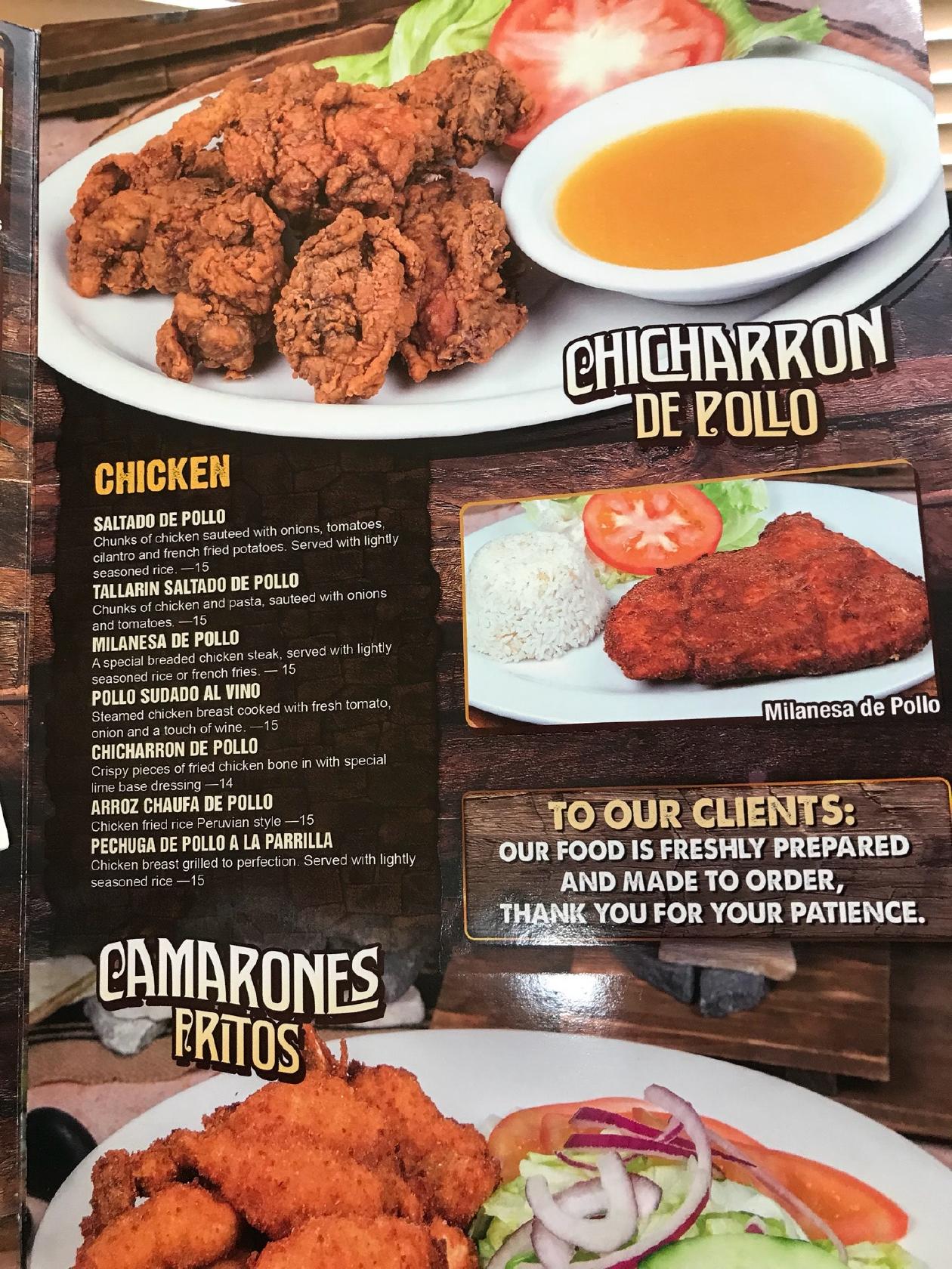 Menu at Sol Inka restaurant, La Mirada