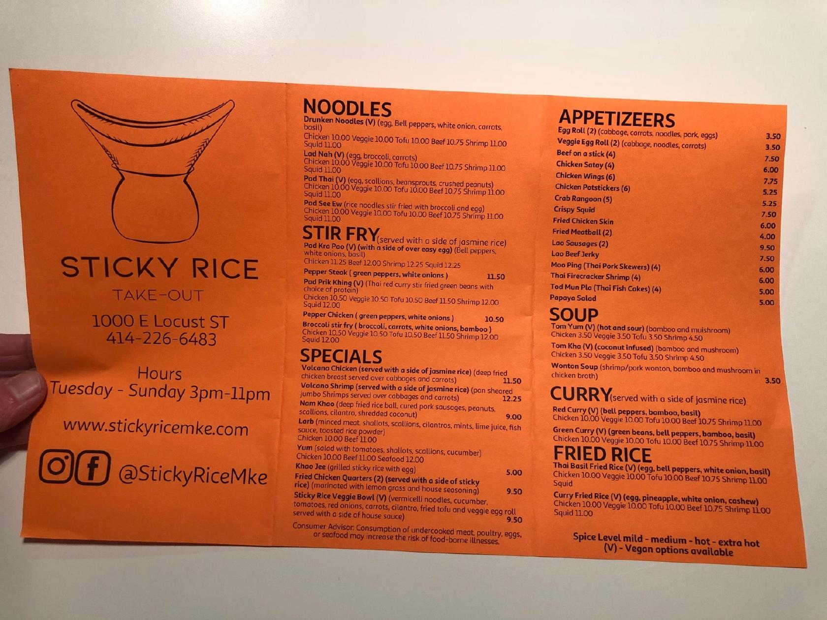 Menu at Sticky Rice restaurant, Milwaukee