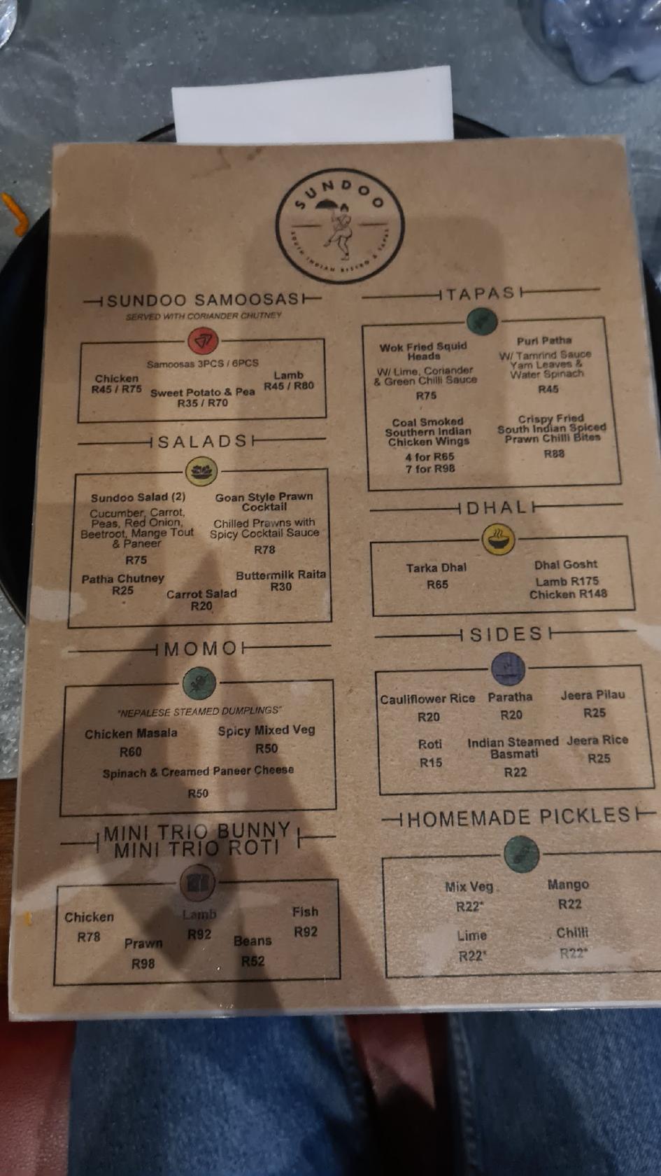 Menu at Sundoo Sea Point restaurant, Cape Town, 77 Regent Rd