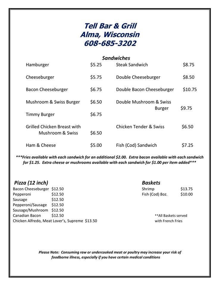 Menu at Tell Bar & Grill, Alma
