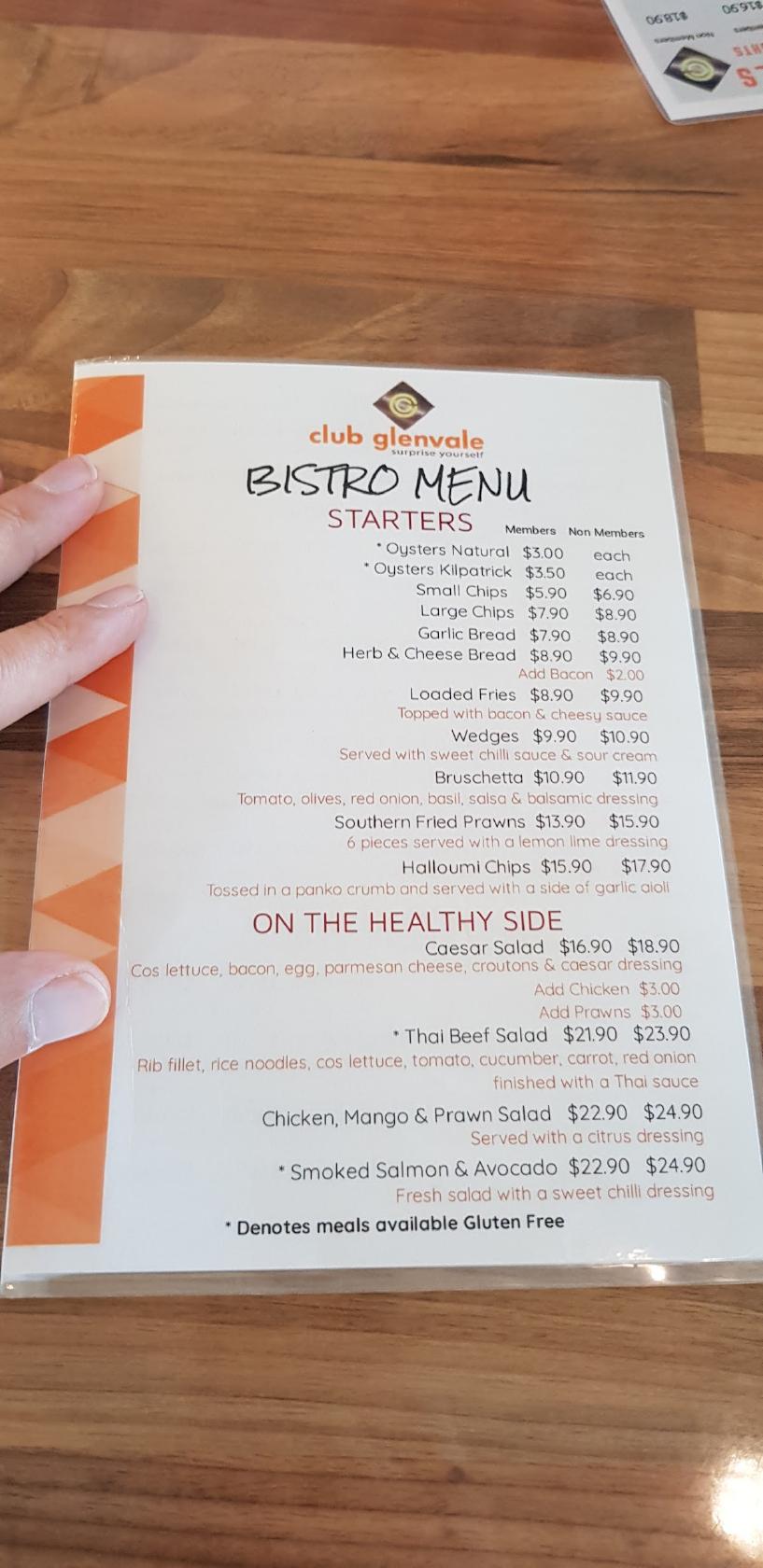 Menu at Club Glenvale, Glenvale