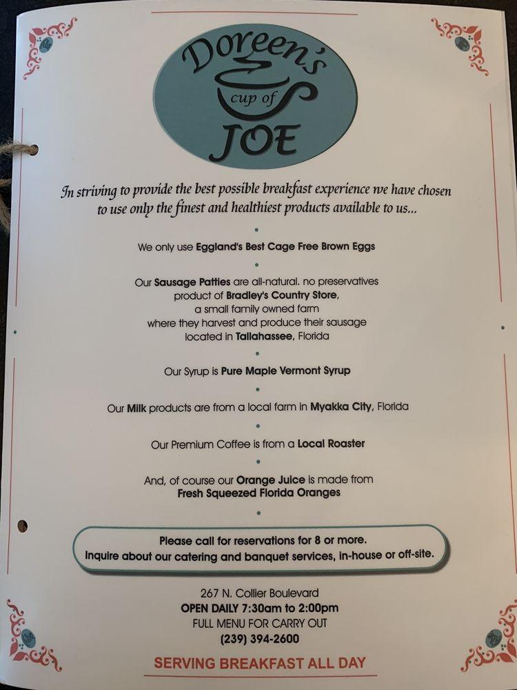 Menu at Doreen's Cup of Joe restaurant, Marco Island