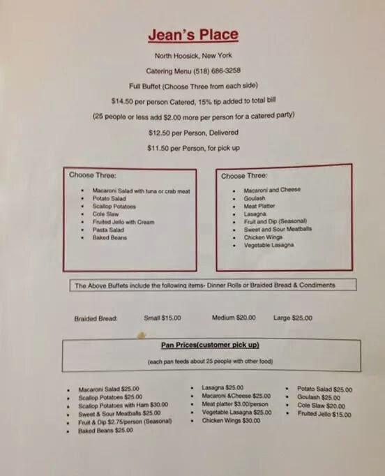 Menu at Jean's Place restaurant, North Hoosick