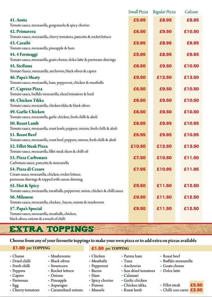 Menu at Papa Luigi Pizzeria, Gibraltar