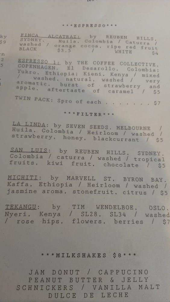 Carta del café Paramount Coffee Project, Surry Hills