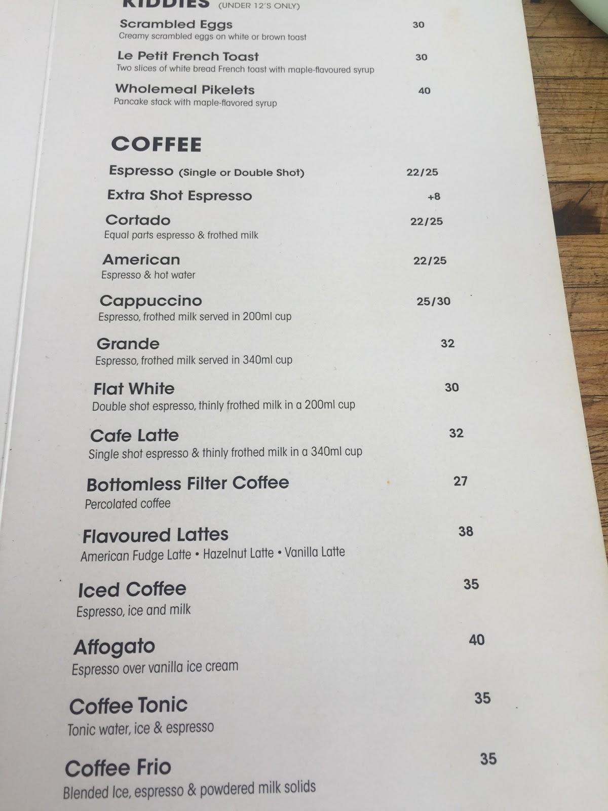 Menu at Savior Cafe, Durban