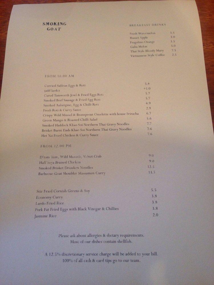 Menu at Smoking Goat Shoreditch pub & bar, London, 64 Shoreditch High St