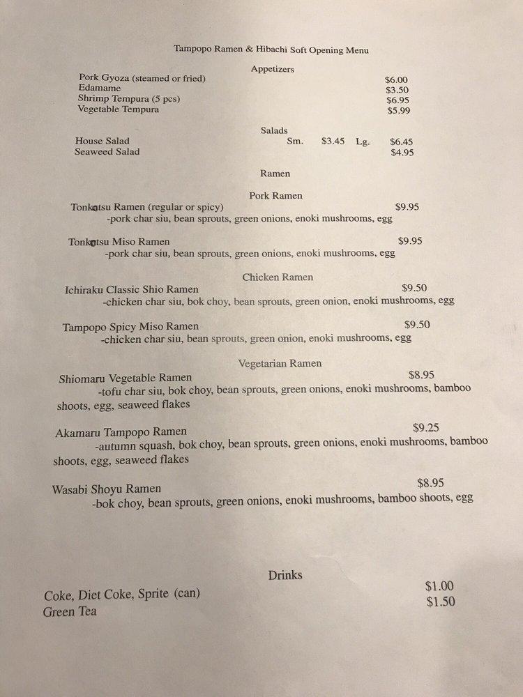 Menu at Tampopo Ramen & Hibachi restaurant, Greensboro