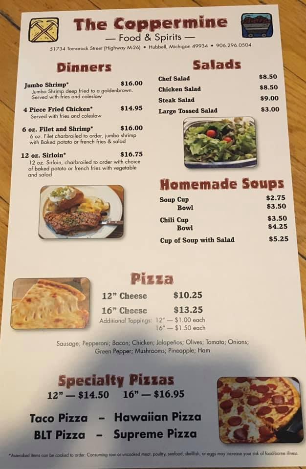 Menu at The Copper Mine pub & bar, Hubbell