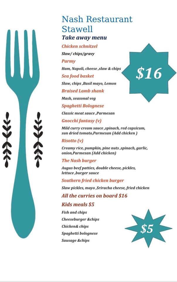 Menu at The Nash restaurant, Stawell
